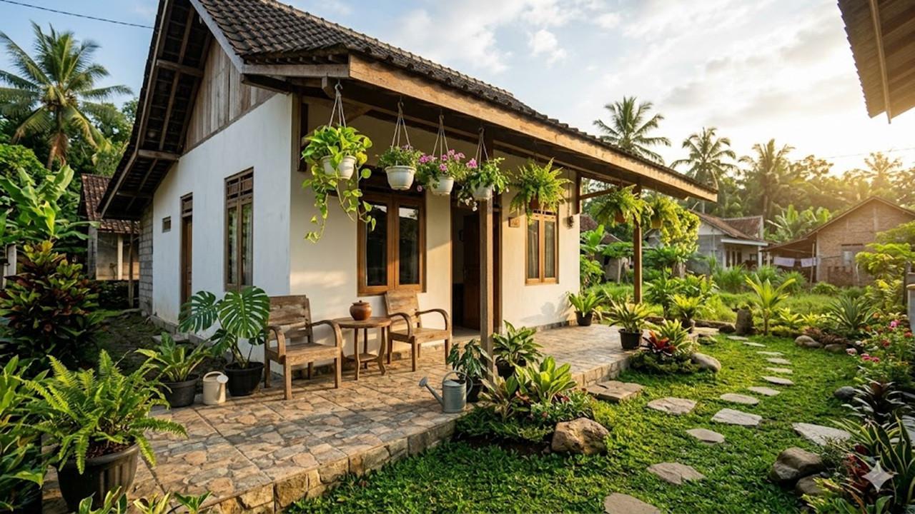 8 Contoh Rumah Desa dengan Teras Keramik Motif Batu dan Taman Mini