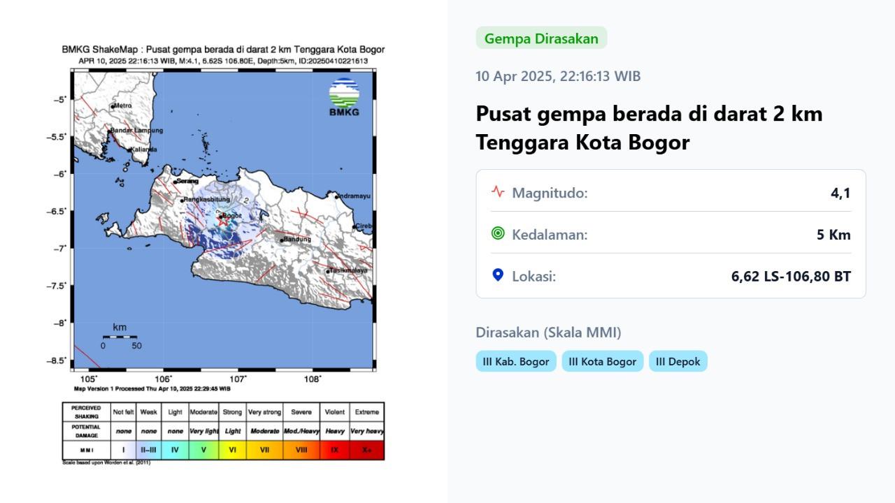 Warga Bogor Rasakan Gempa Terkini Kamis 10 April 2025 Bermagnitudo 4,1