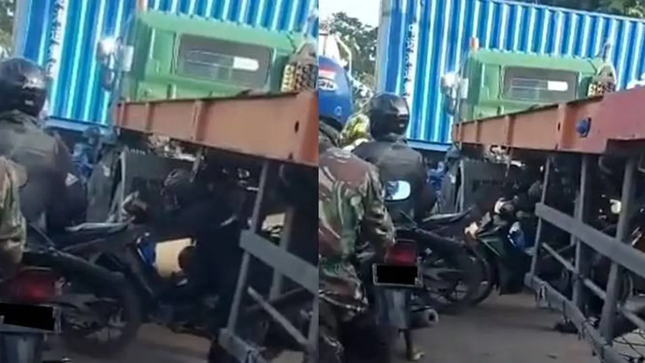 Viral, Aksi Pengendara Motor Lewati Kolong Truk Kontainer Ini Menantang Maut - Hot Liputan6.com