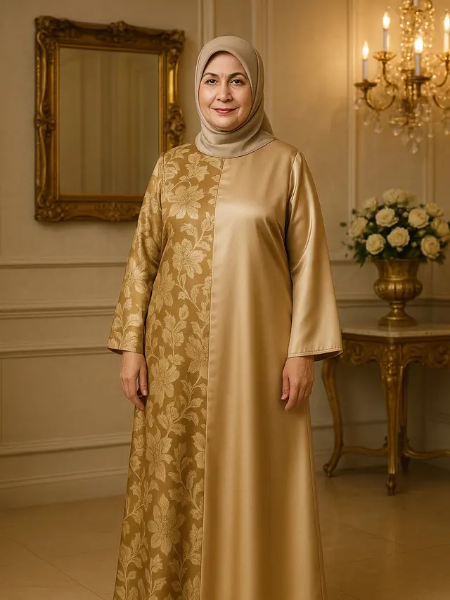 7 Model Gamis Silk Motif Kombinasi Polos untuk Ibu-Ibu Usia 50-an ...