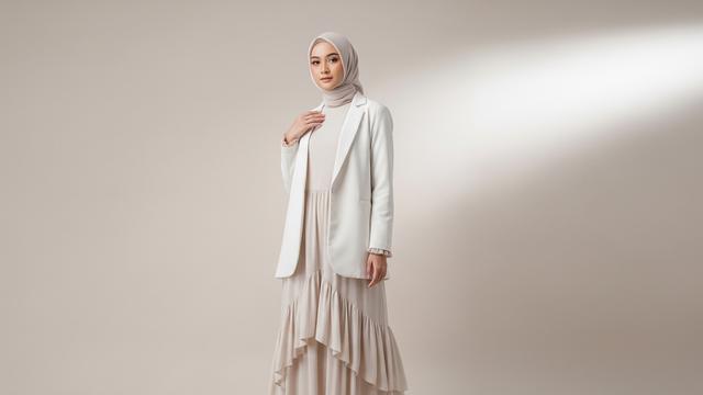 8 Model Gamis Polos Elegan Dipadukan Blazer Tanpa Kancing, Inspirasi ...