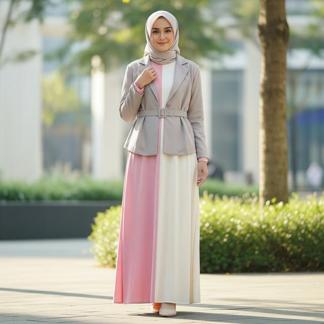 9 Model Gamis Two-Tone dengan Blazer Pendek, Modern dan Anggun di 2026