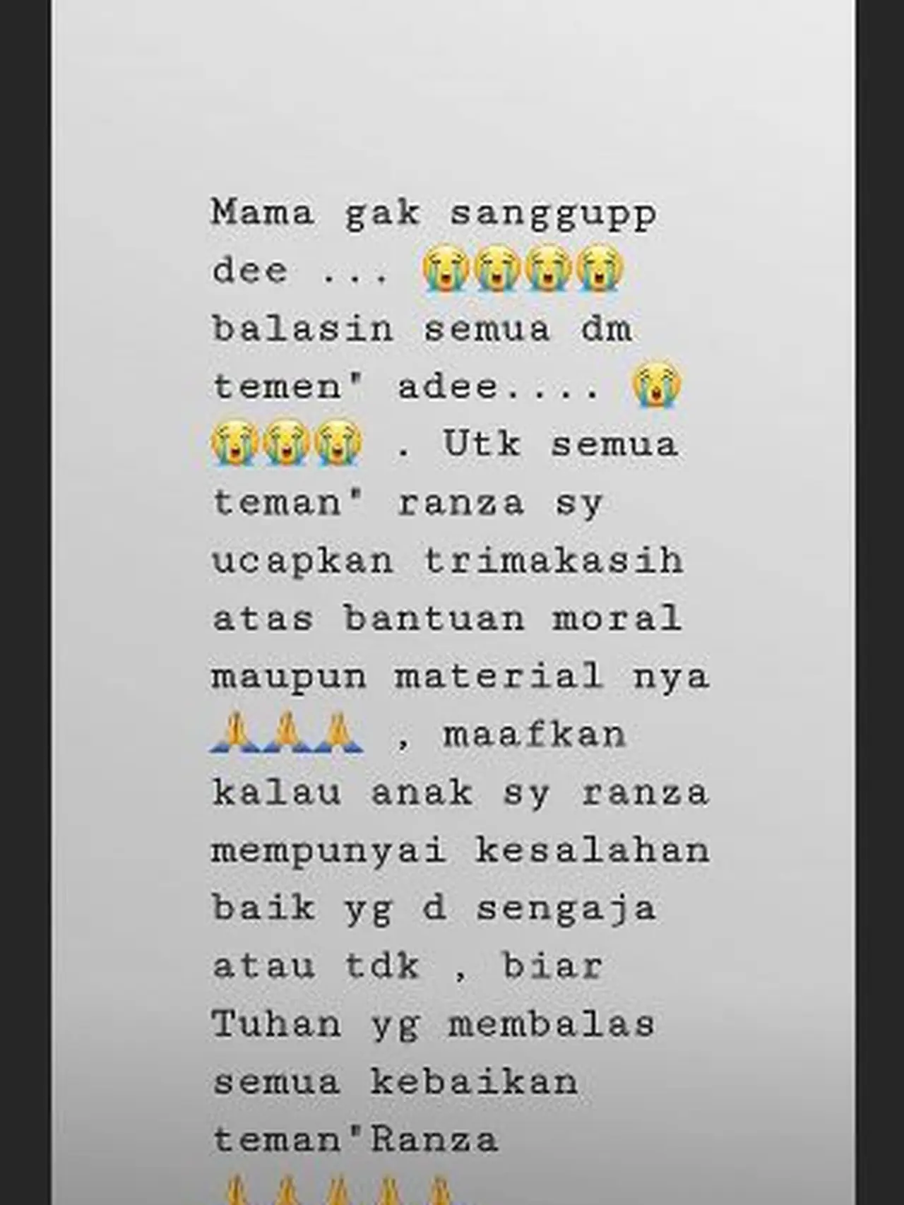 Banjir Ucapan Duka, Ibunda Ranza Ferdian Minta Maaf - ShowBiz Liputan6.com