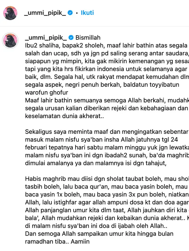 Umi Pipik Minta Maaf Usai Unggah Dugaan Pemilu 2024 Curang: Sudah Jangan Saling Serang Antar ...