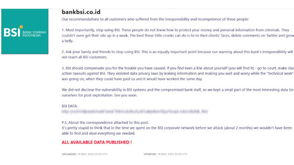 Kelompok Ransomware LockBit Akhirnya Sebar 1,5 TB Data Karyawan dan Nasabah BSI ke Internet