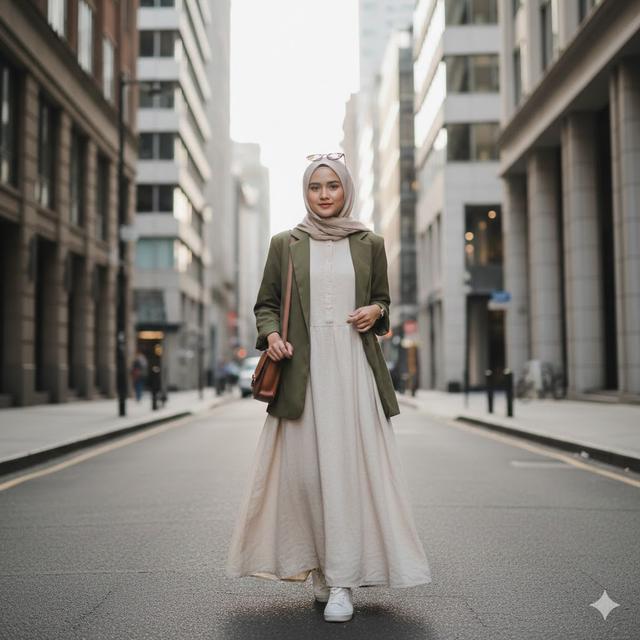 10 Model Gamis Linen Ringan dengan Layering Blazer, Tampil Profesional