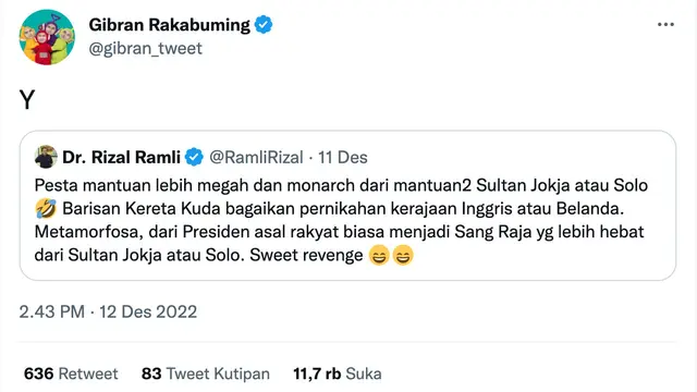 Viral Rizal Ramli Tertawakan Pernikahan Kaesang Pangarep, Gibran Rakabuming Beri Reaksi 1 Huruf ...