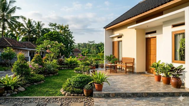 8 Contoh Rumah Desa dengan Teras Keramik Motif Batu dan Taman Mini