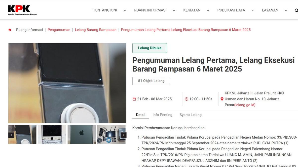 Lelang Barang Rampasan KPK hingga 6 Maret 2025: Ada Ponsel, Logam Mulia ...