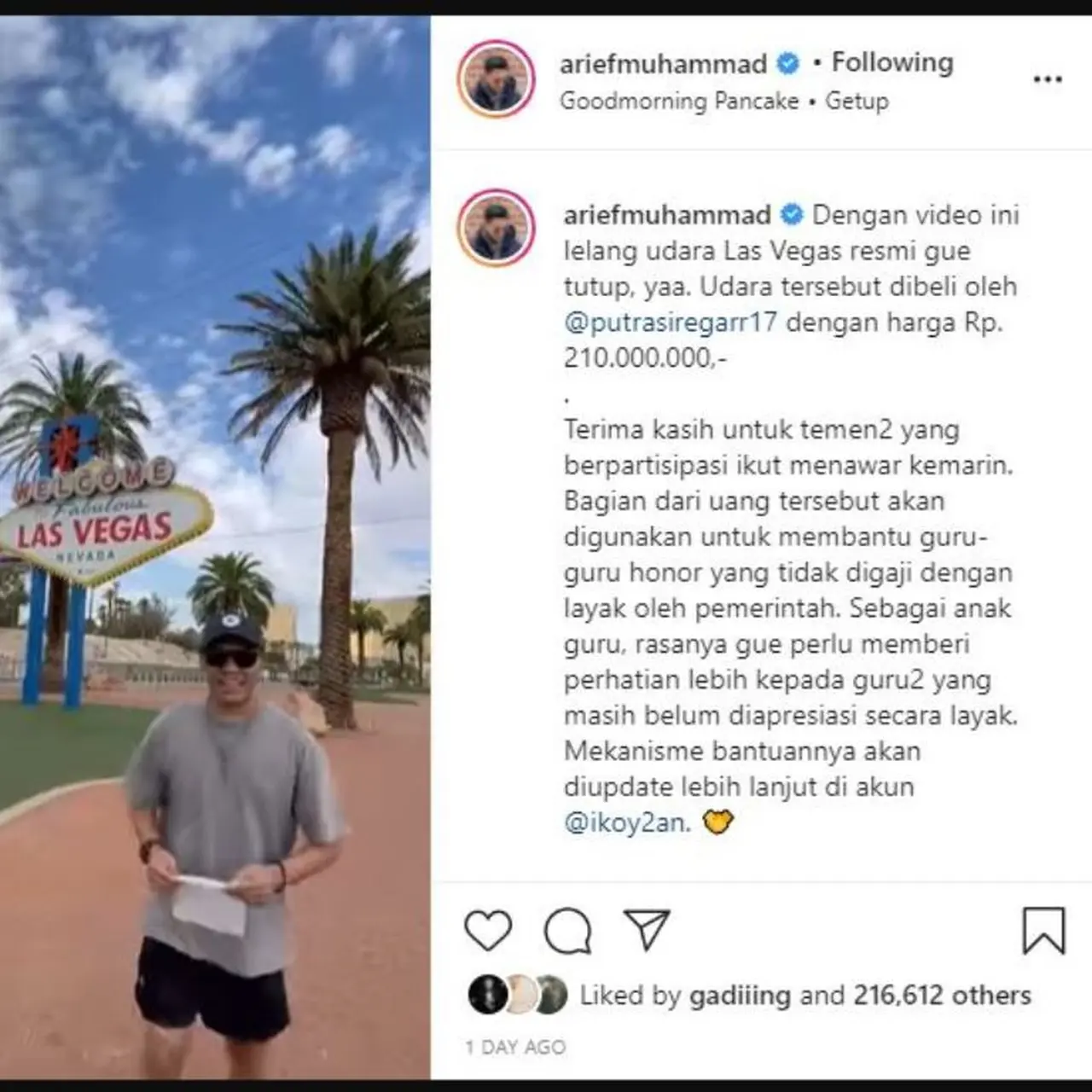 Udara Las Vegas Terjual Rp210 Juta, Arief Muhammad Bakal Bantu Guru ...