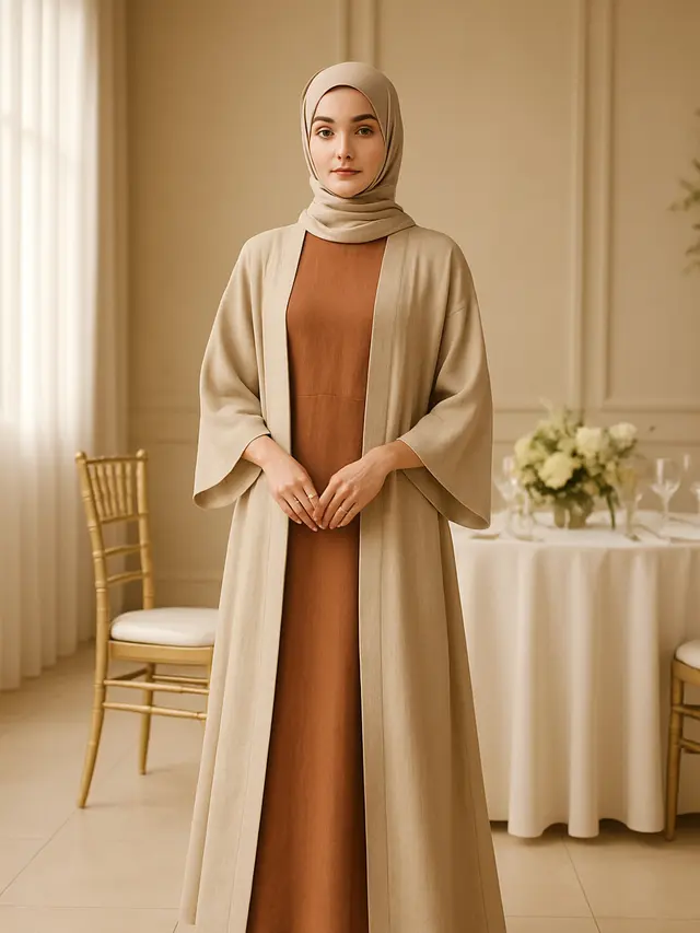 8 Model Long Dress Polos Kombinasi Outer Kimono Terbaru 2025, Tampil ...