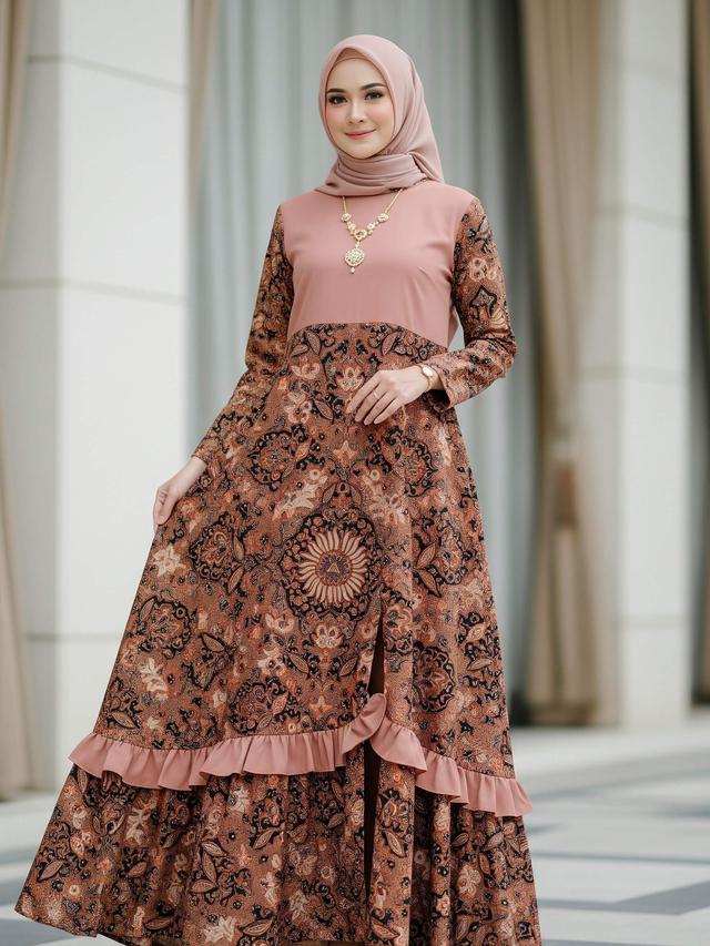 7 Model Gamis Batik Modern dengan Ruffle Minimalis di Bagian Hem ...