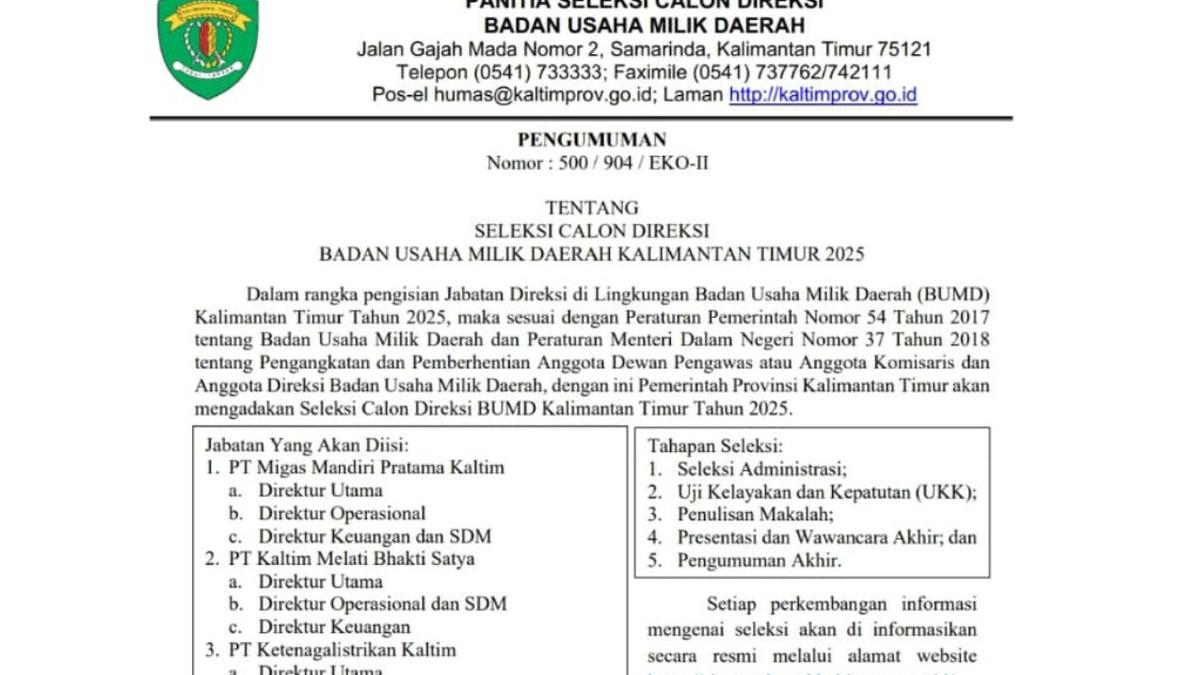 Jangan Lewatkan! Pendaftaran Direksi BUMD Kaltim 2025 Kini Resmi Dibuka - News Liputan6.com