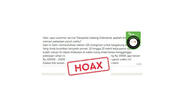 Cek Fakta: Hoaks Lowongan Kerja Paruh Waktu Catut Nama Tokopedia - Cek Fakta Liputan6.com