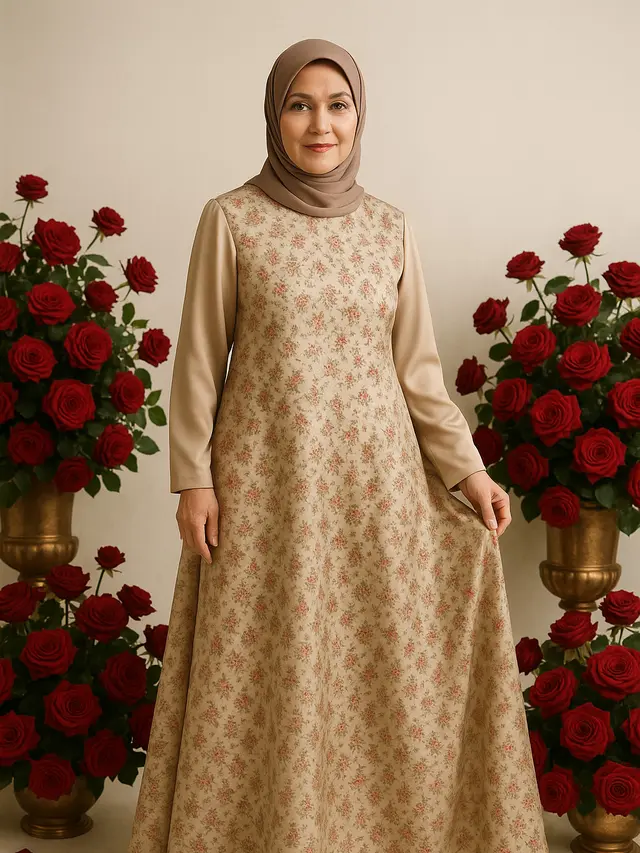 7 Model Gamis Silk Motif Kombinasi Polos untuk Ibu-Ibu Usia 50-an ...