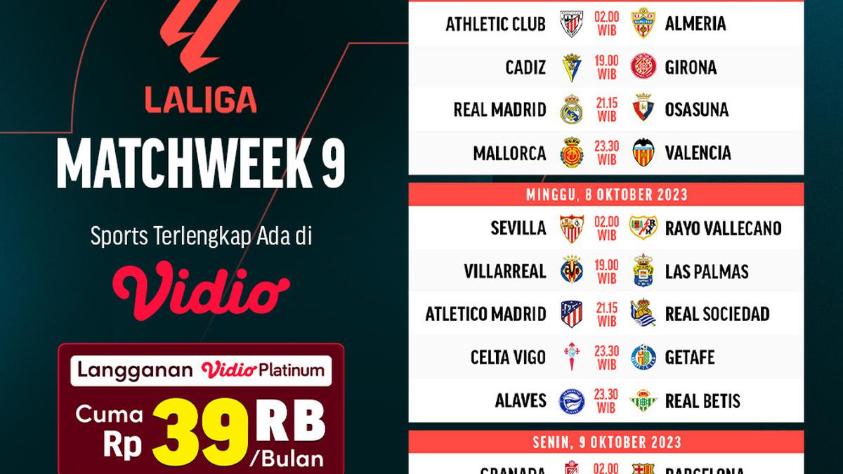 Jadwal dan Link Streaming LaLiga 23/24: Matchweek 9 di Vidio