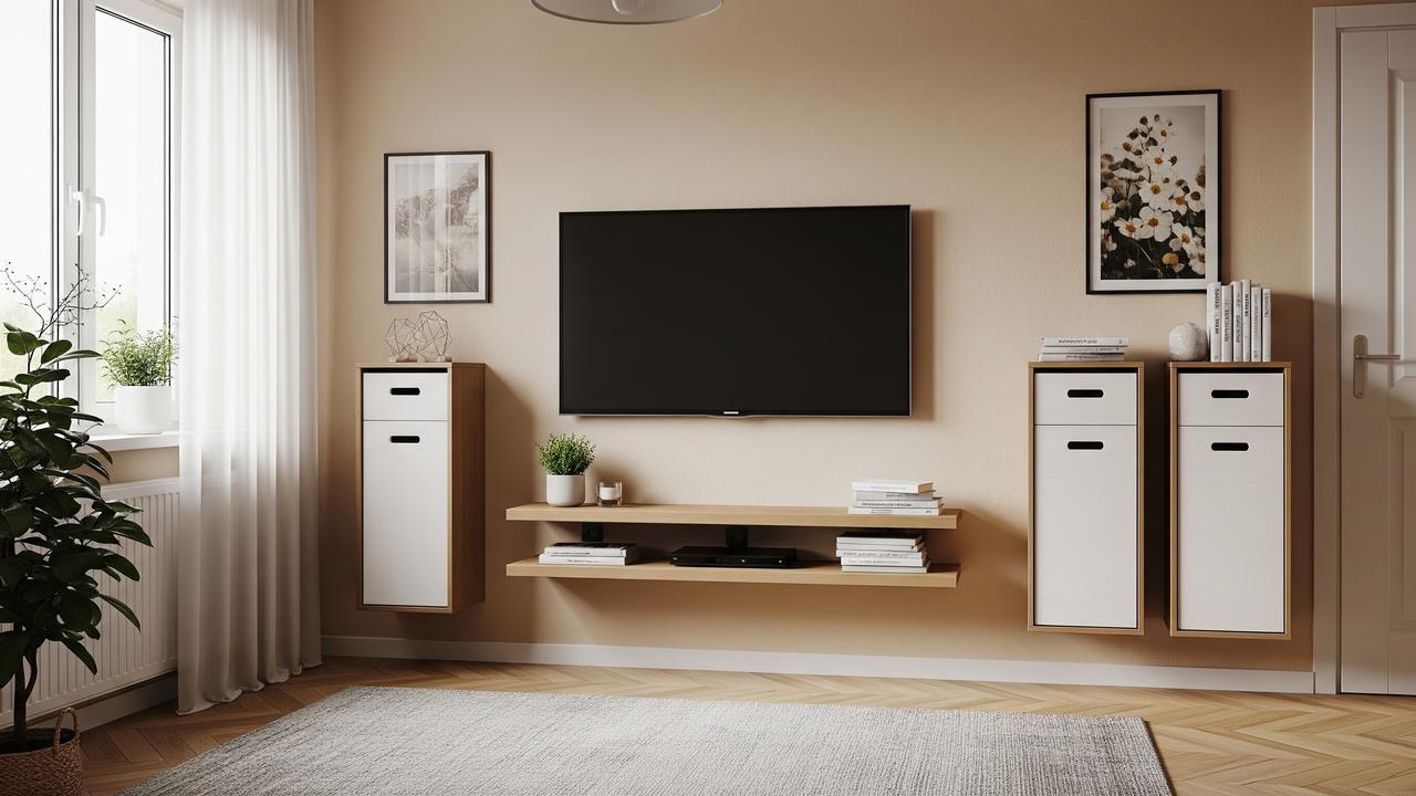 6 Ide Layout Ruang Tamu Sempit dengan Rak TV Tempel dan Lemari Tipis