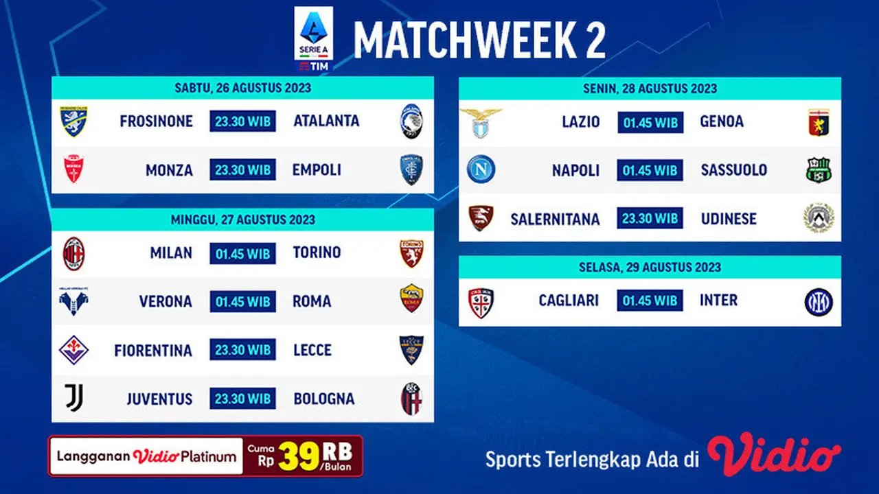 Jadwal Siaran Langsung Liga Italia 2023/2024 Matchweek 2 di Vidio, 26-29 Agustus 2023 - Ragam ...