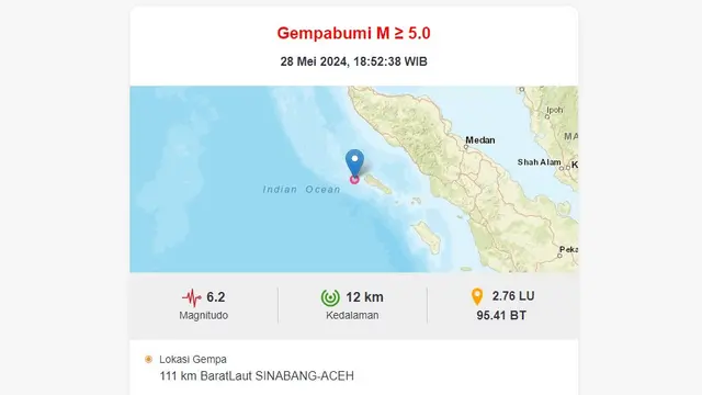Gempa M 6,2 Guncang Sinabang Aceh, BMKG Pastikan Tak Berpotensi Tsunami - News Liputan6.com