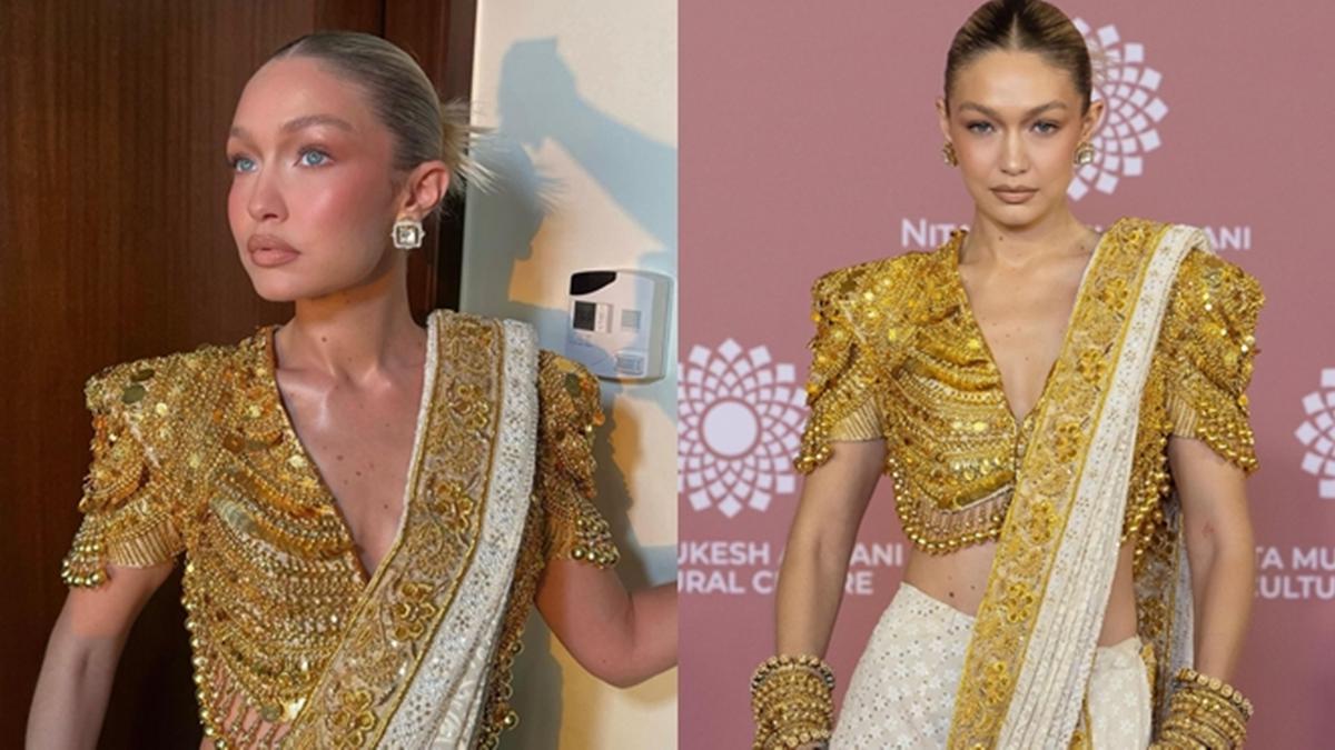 Potret Gigi Hadid Pakai Sari India, Tampil Anggun Bernuansa Keemasan ...