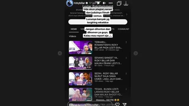 Rizky Billar Geram Ada Akun YouTube yang Plagiat atau Jiplak Leslar ...