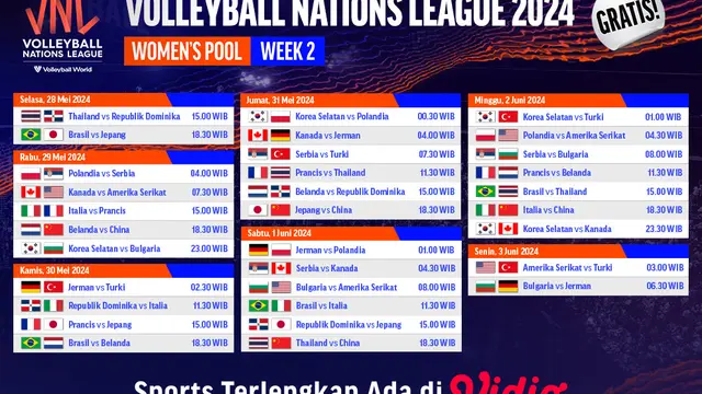 Jadwal Live Streaming Volleyball Nations League 2024 Putri di Vidio, 28 ...