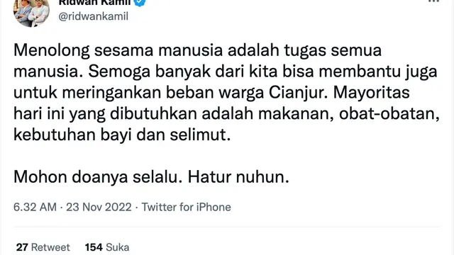 Pesan Ridwan Kamil Usai Sidak Korban Gempa Cianjur: Menolong Sesama Adalah Tugas Semua Manusia ...