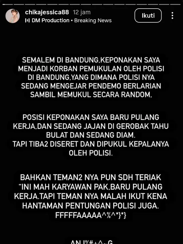 Keponakan Chika Jessica Korban Salah Pukul Polisi Bandung, Padahal Lagi ...