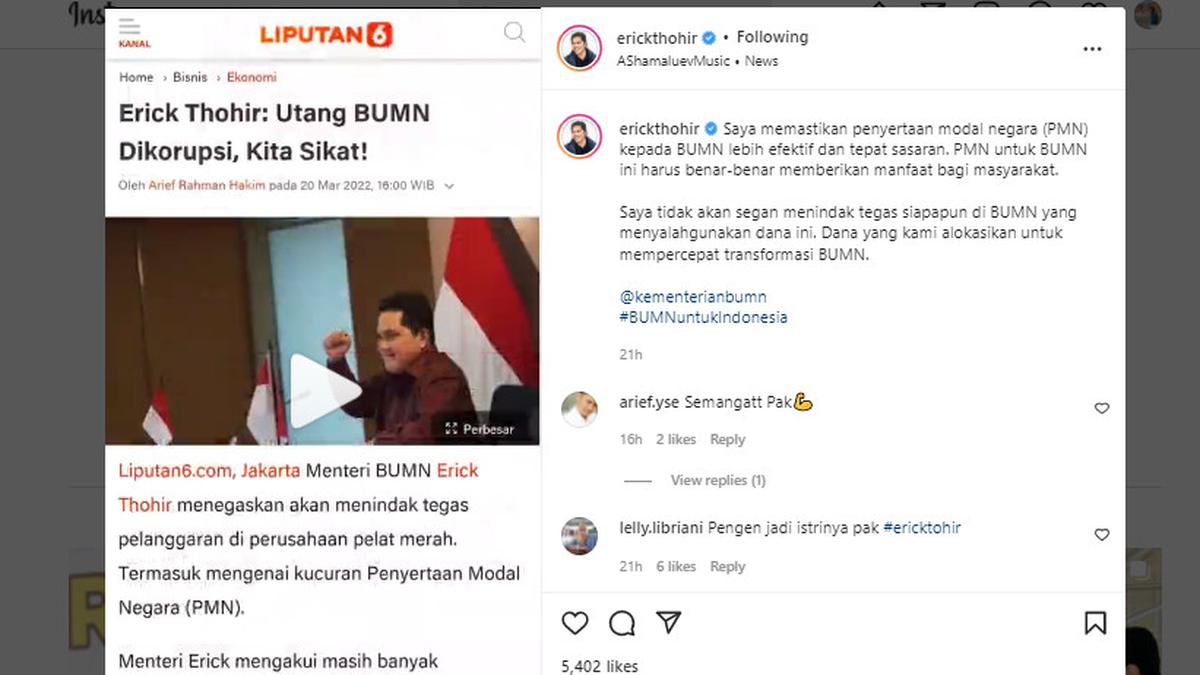 Erick Thohir Tegaskan Lagi Tak Segan-segan Tindak BUMN Korupsi Dana PMN ...