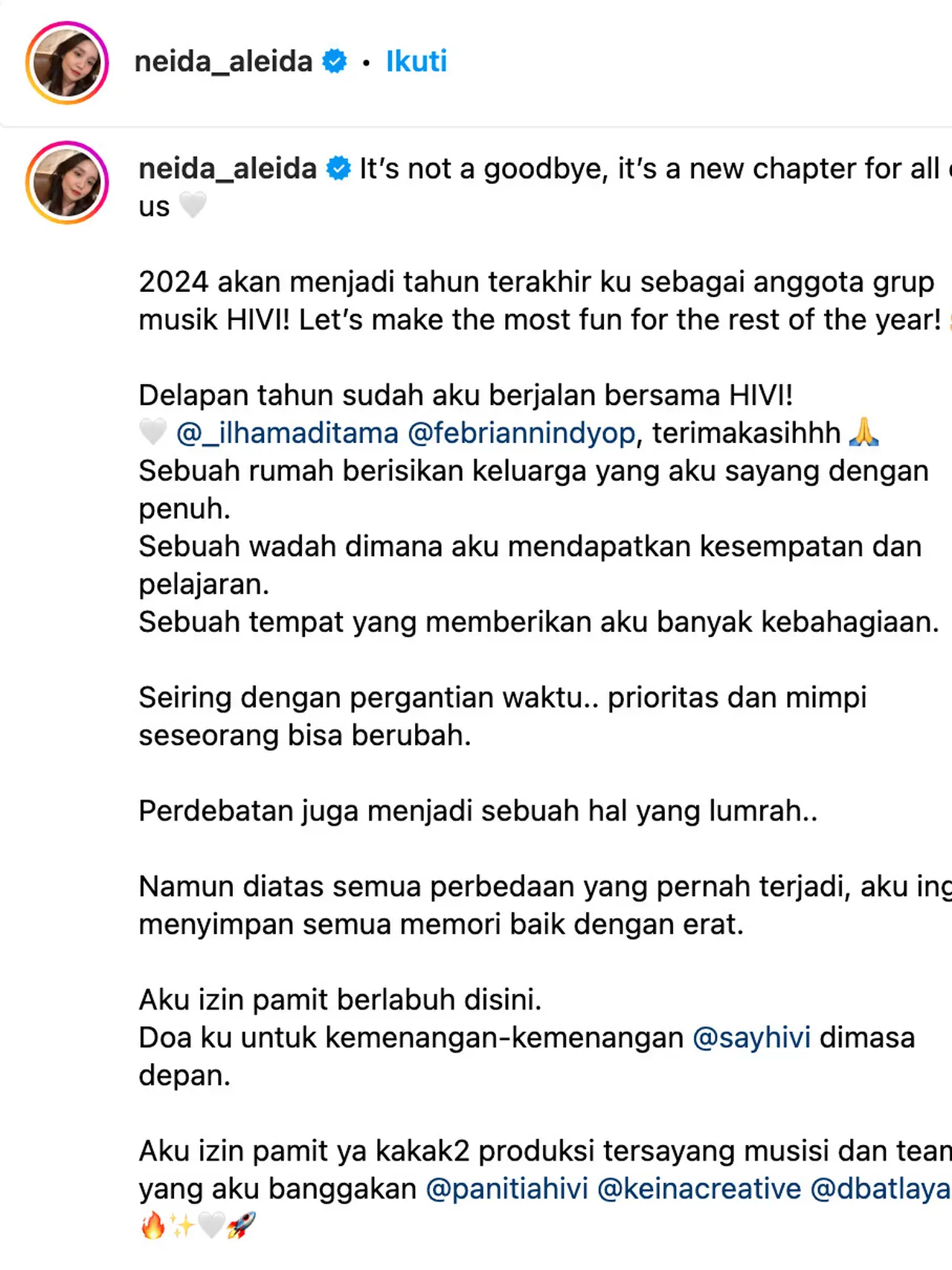 Heboh Neida Aleida Mundur dari Posisi Vokalis HiVi Setelah 8 Tahun: Aku ...