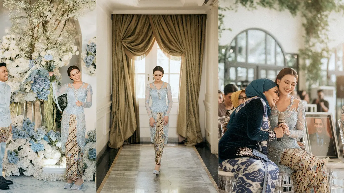 6 Potret Anggunnya Aaliyah Massaid Kenakan Kebaya Baby Blue saat Terima Lamaran Thariq ...