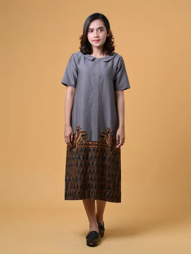 7 Model Dress Batik Modern Kerah Bulat Kombinasi Kain Polos Elegan 2025 ...
