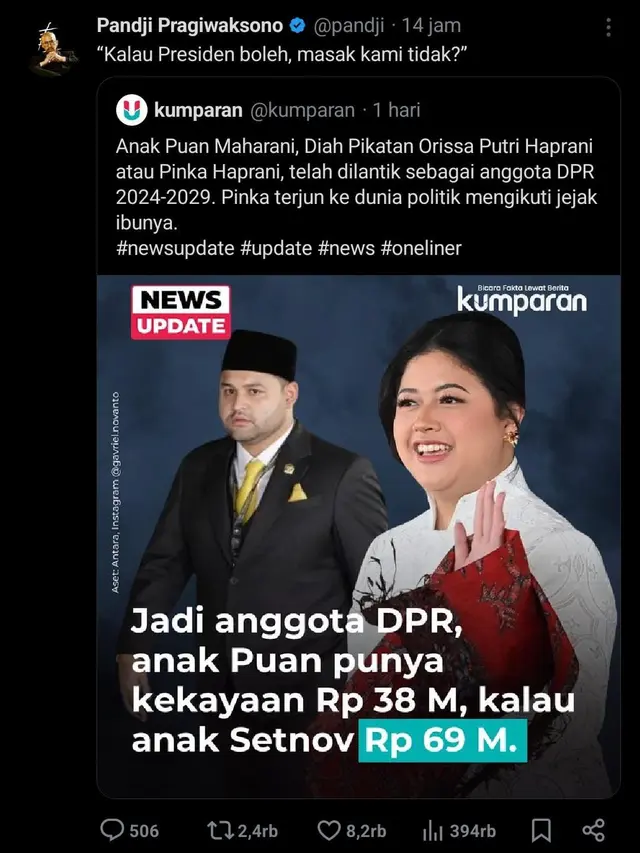 Anak Politisi Berbondong-bondong Jadi Anggota DPR, Pandji Pragiwaksono Lempar Sindiran ke Jokowi ...