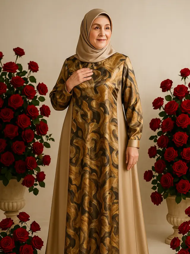 7 Model Gamis Silk Motif Kombinasi Polos untuk Ibu-Ibu Usia 50-an ...
