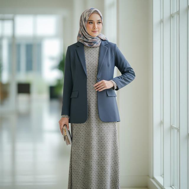 9 Model Gamis Jersey Sederhana dengan Outer Blazer, Inspirasi Gaya Modern