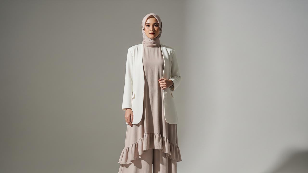 8 Model Gamis Polos Elegan Dipadukan Blazer Tanpa Kancing, Inspirasi ...