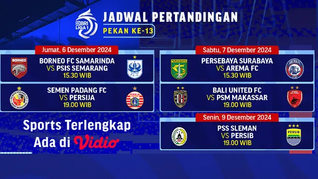 Jadwal dan Siaran Langsung BRI Liga 1 2024/2025 Pekan 13 di Vidio - On Off Liputan6.com