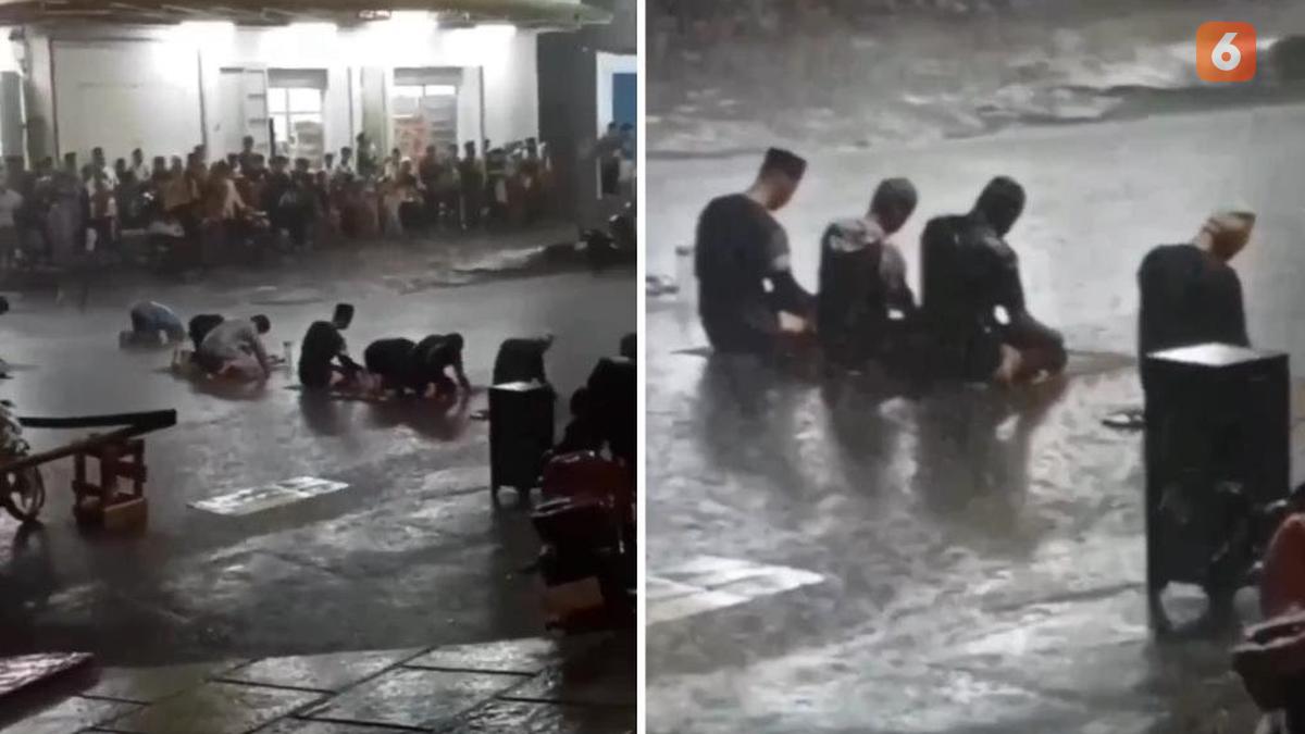Viral Jemaah Tetap Khusyuk Salat Tarawih Meski Diguyur Hujan - Regional Liputan6.com