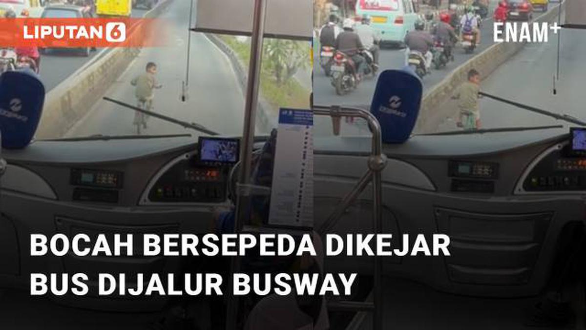 VIDEO: Momen Bocah Bersepeda Panik Buru-buru Dikejar Bus Pada Jalur Busway