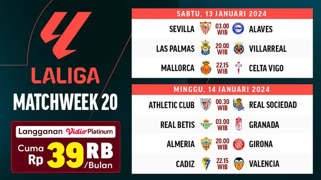 Link Siaran Langsung Liga Spanyol 2023/2024 Matchweek 18 di Vidio Pekan Ini - Spanyol Bola.com
