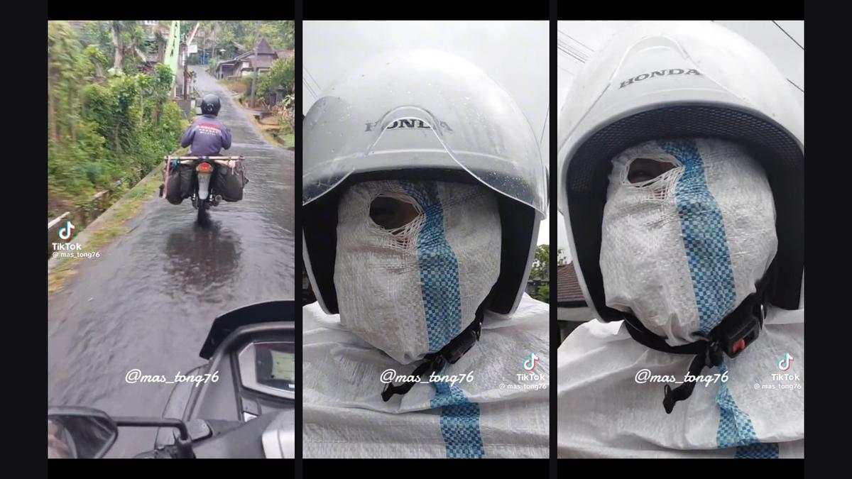 Solusi Unik Saat Naik Motor Kehujanan: Pakai Karung Sebagai Jas Hujan ...