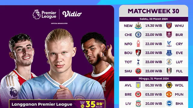 Jadwal Siaran Langsung Liga Inggris 2023/2024 Matchweek 30 di Vidio, 30 & 31 Maret 2024 ...