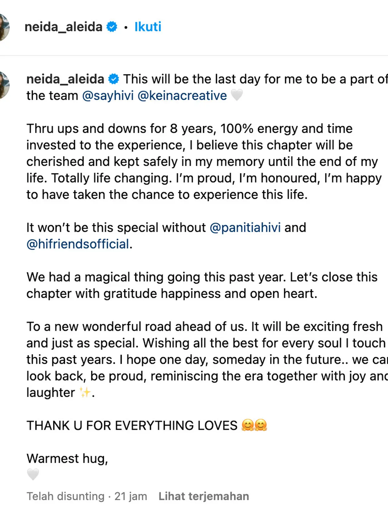 Hivi Resmi Lepas Vokalis Neida Aleida Usai 8 Tahun Bersama, Lantun Doa ...