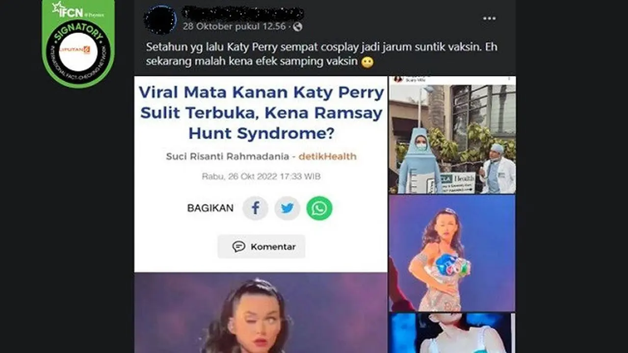 Cek Fakta: Tidak Benar Mata Katy Perry Bermasalah Akibat Vaksin COVID-19 - Cek Fakta Liputan6.com