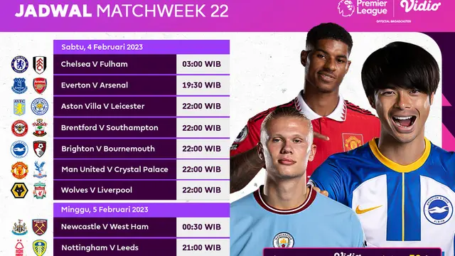 Jadwal dan Live Streaming Liga Inggris 2022/2023 Matchweek 22 di Vidio, 4&5 Februari 2023 ...