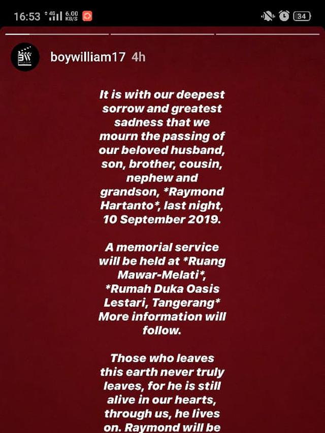 3 Fakta Raymond Hartanto, Adik Boy William yang Meninggal Dunia