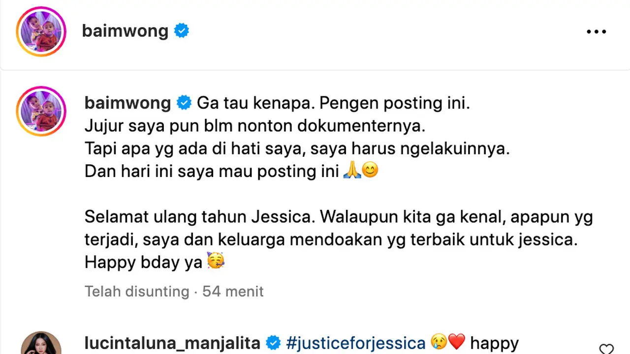 Selamat Ultah untuk Jessica Wongso dari Baim Wong: Walau Kita Gak Kenal, Saya Doakan Yang ...