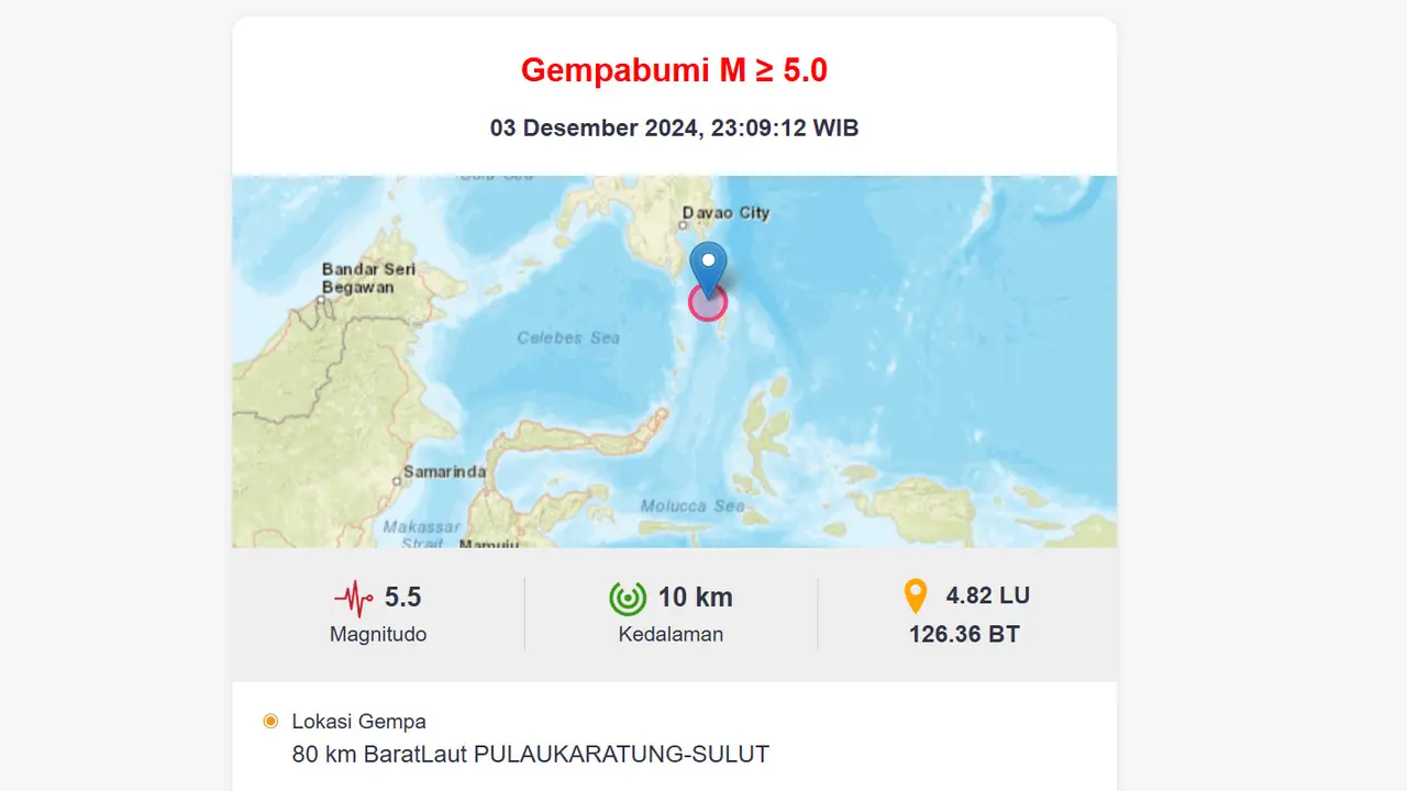 Gempa Magnitudo 5,5 Guncang Pulau Karatung Sulut, BMKG: Tidak Berpotensi Tsunami - News Liputan6.com