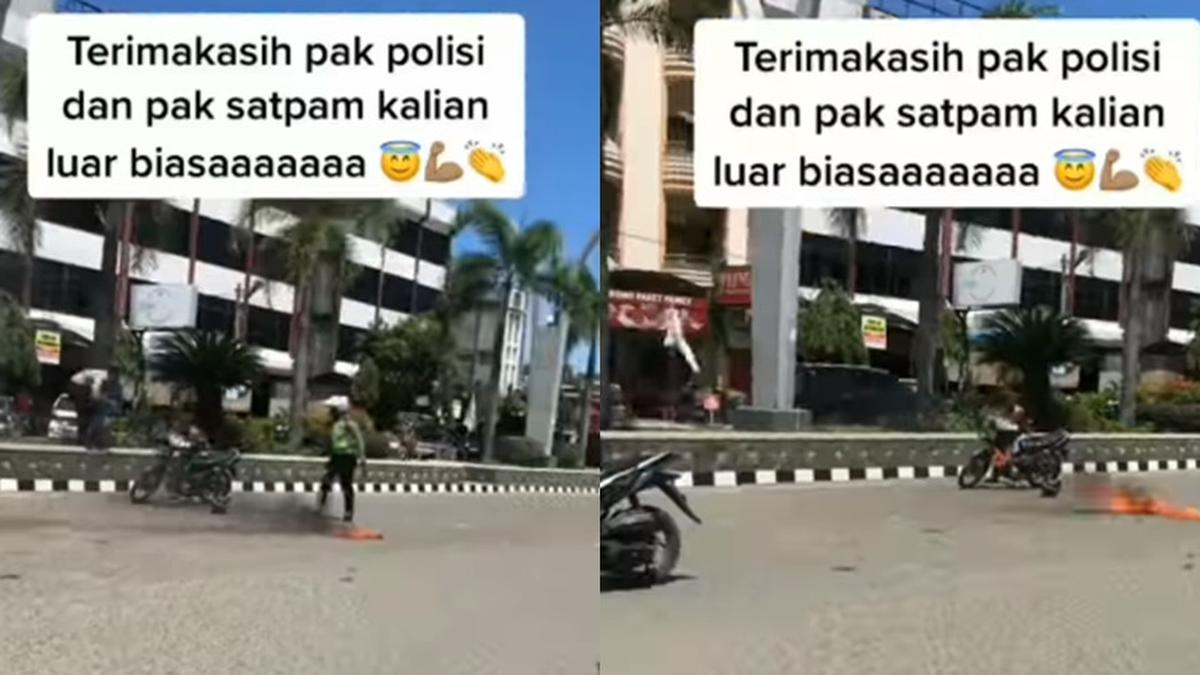 Aksi Heroik Polisi Dan Satpam Padamkan Motor Yang Terbakar Di Tengah