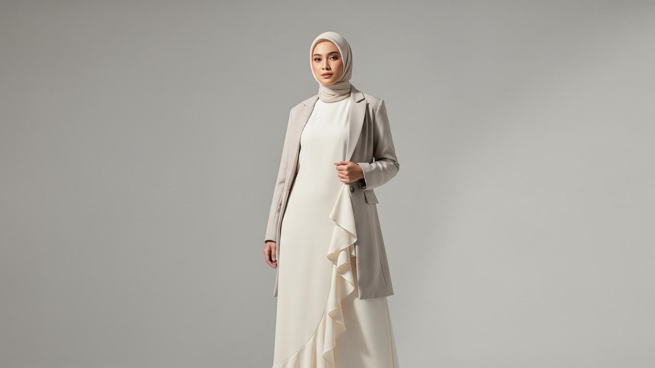 7 Model Gamis Ruffle Minimalis dengan Blazer Panjang, Perpaduan Unik ...